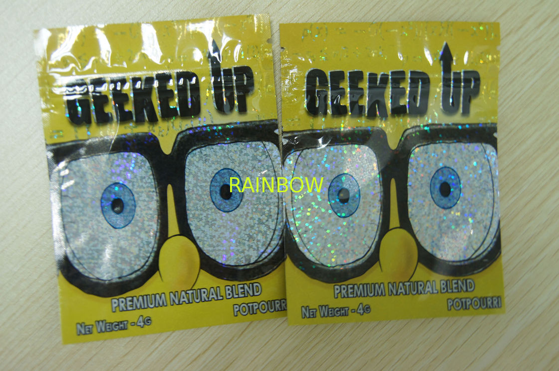 k Herbal Incense Packaging 4g Laser Film Plastic GEEKED UP Yellow